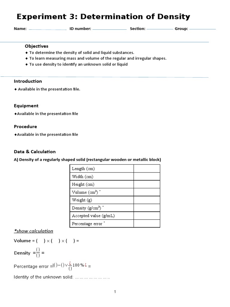 Experiment 3: Determination of Density: Objectives | Download Free PDF ...