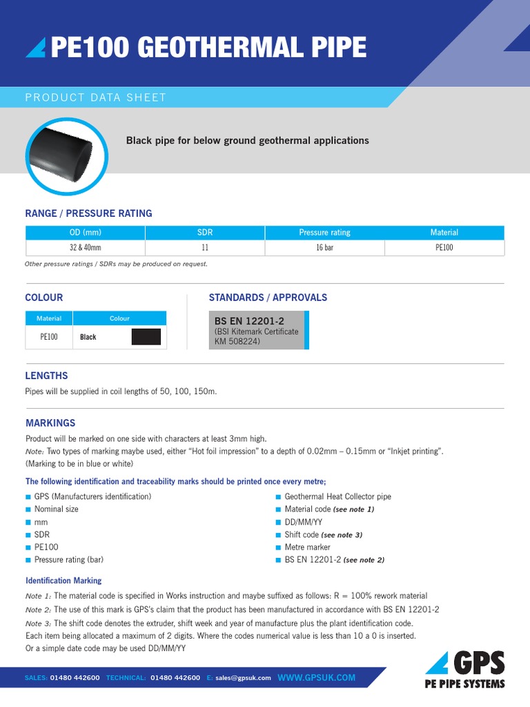 GPS Datasheet - PE100 Geothermal Pipe - 010217 | PDF | Pipe (Fluid Conveyance) | Manufactured Goods