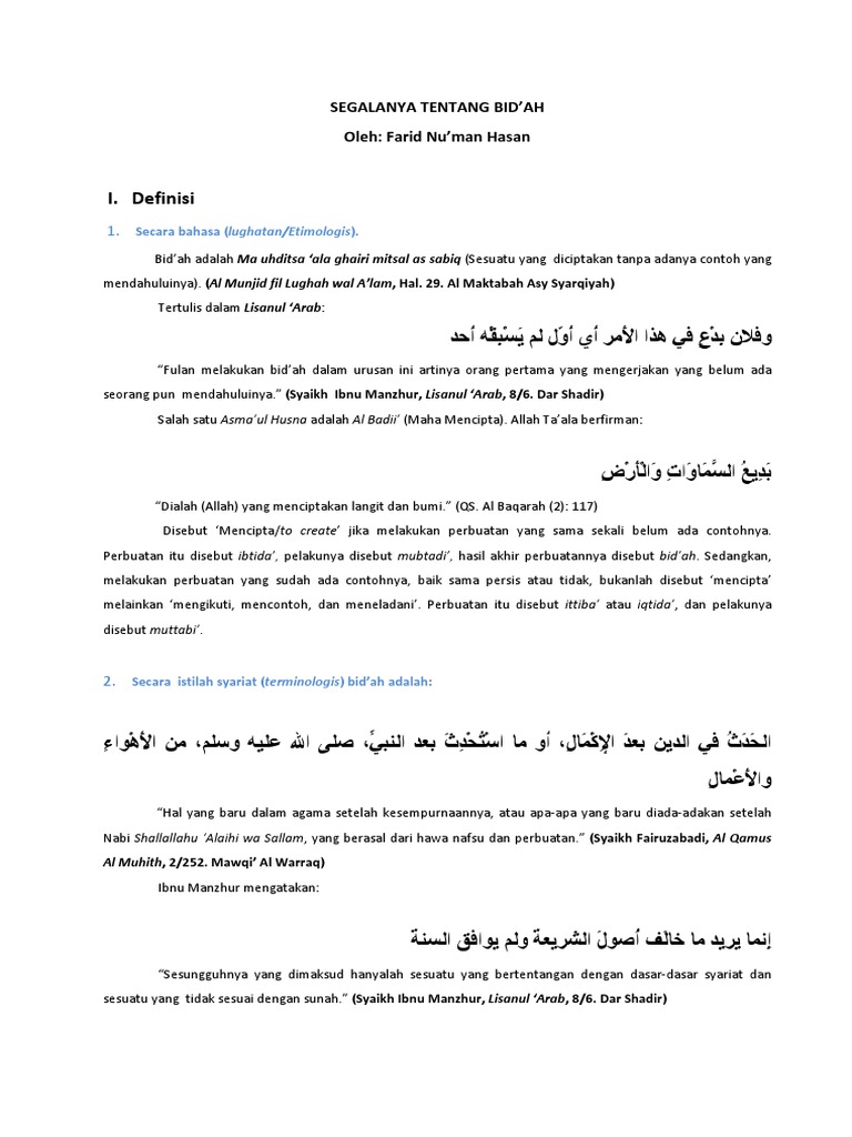 Ust Farid Nu'man - SEGALANYA TENTANG BID'AH | PDF