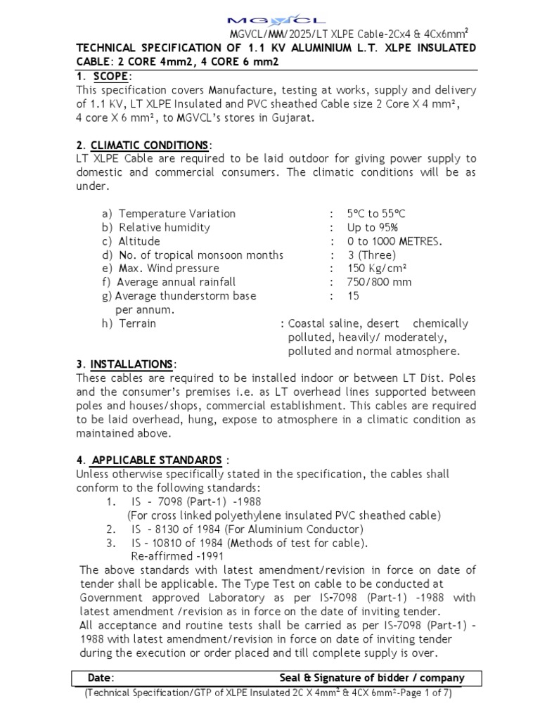 Technical Specifications 2c X 4 mm2 4C X 6mm2 XLPE 2025 | PDF ...