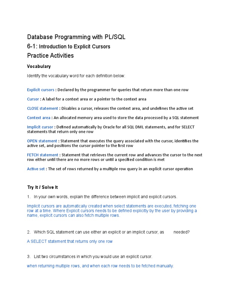 Database Programming With PL/SQL 6-1: Practice Activities: Introduction To Explicit Cursors ...