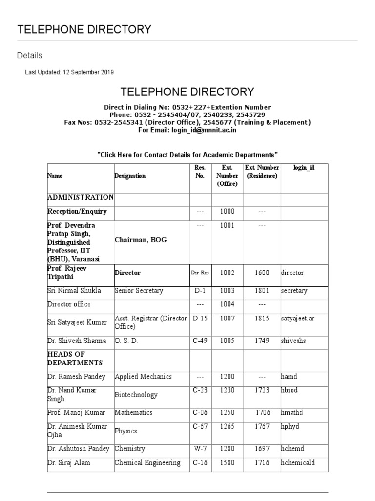 Telephone Directory Mnnit | PDF