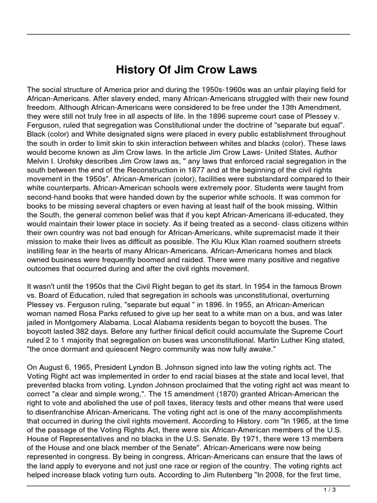 Jim Crow Laws and Civil Rights Movement | PDF | Racial Segregation In ...