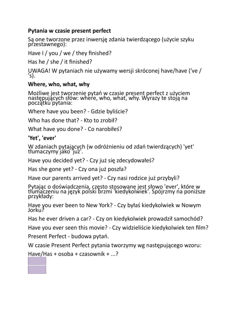 Present Perfect - Pytania (Notatka + Ćwiczenia) | PDF