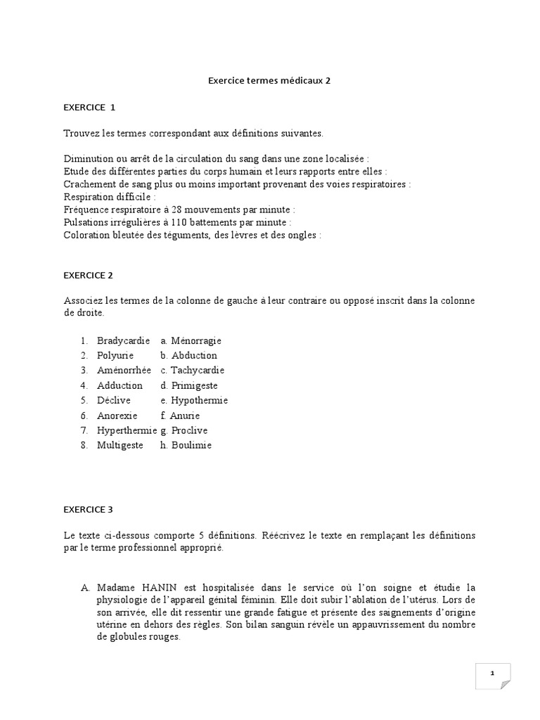 Exercices de terminologie médicale | PDF | Sang | Physiologie