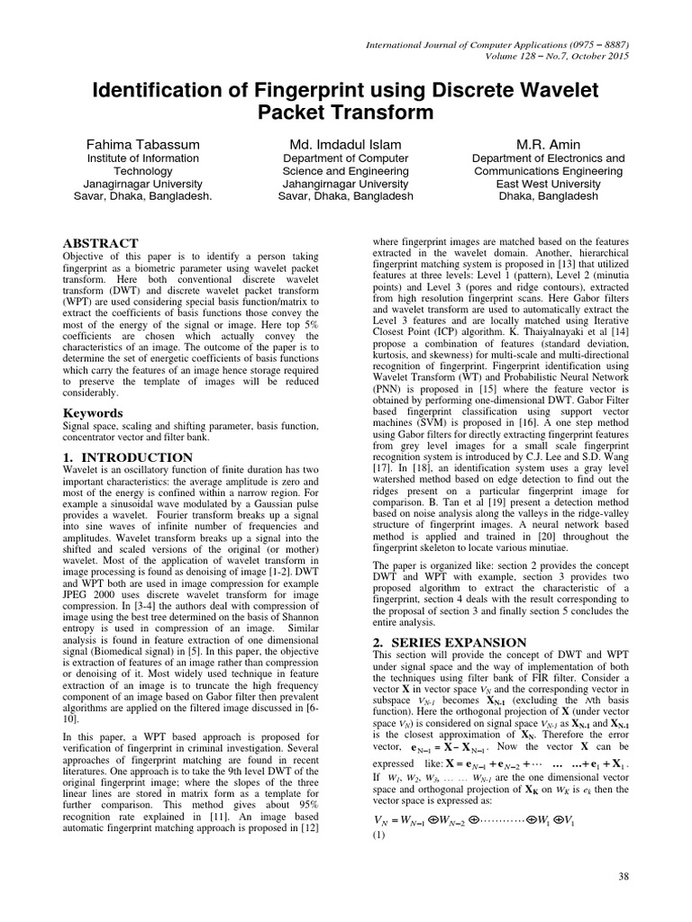 Identification of Fingerprint Using Discrete Wavelet Packet Transform | PDF | Wavelet | Basis ...