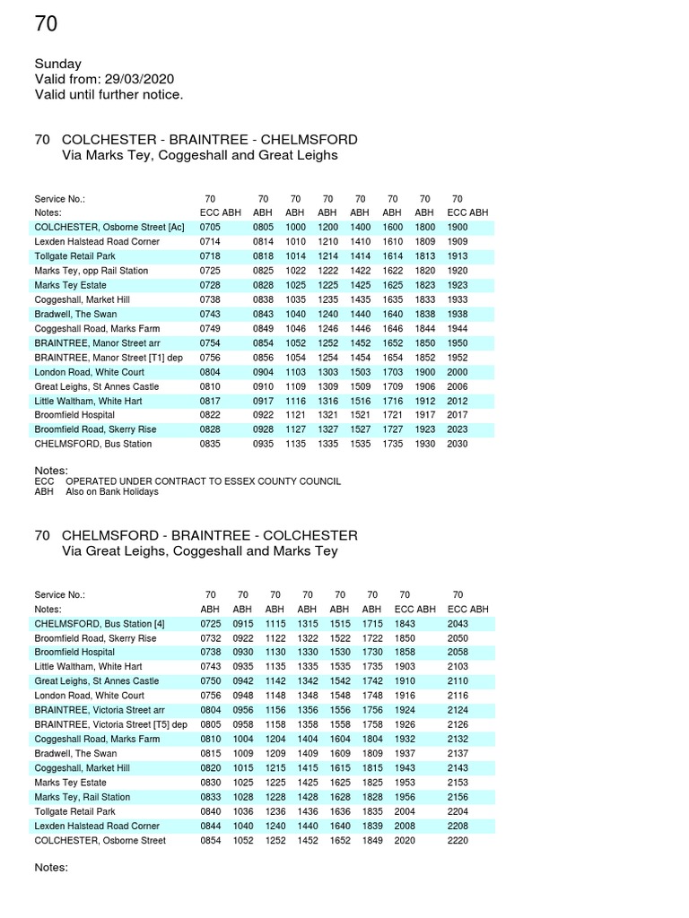 70 Bus Timetable: Colchester to Chelmsford | PDF | Travel