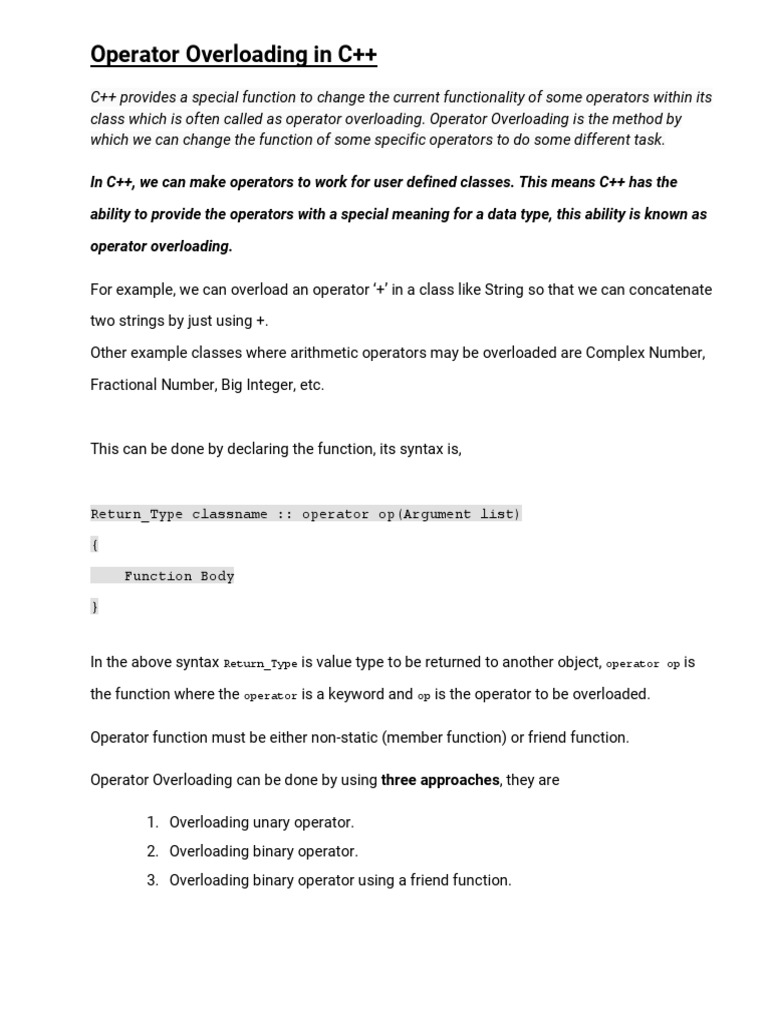 Operator Overloading in C++ | Download Free PDF | Subroutine | Parameter (Computer Programming)