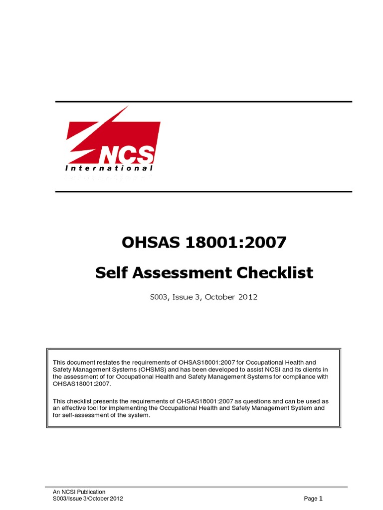 OHSAS 18001:2007 Self Assessment Checklist: S003, Issue 3, October 2012 ...