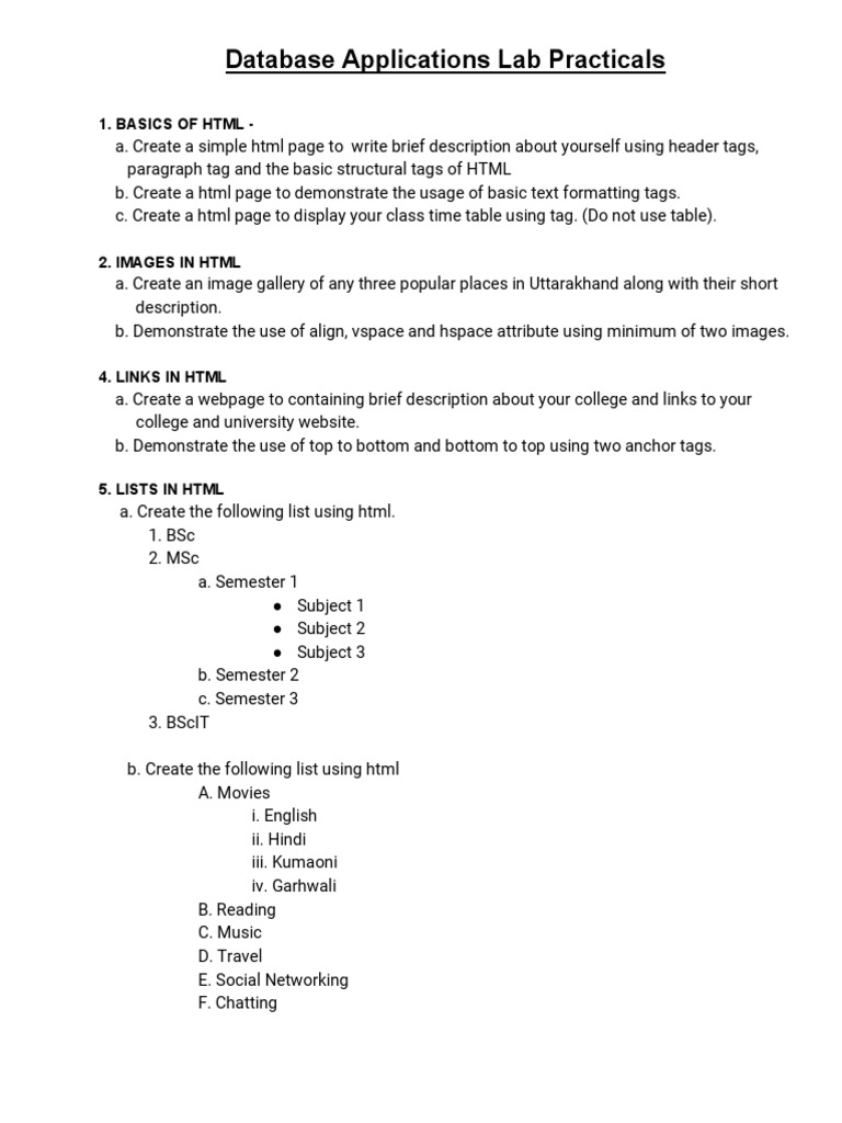 Database Applications Lab Practicals | PDF | Html | Information Technology Management