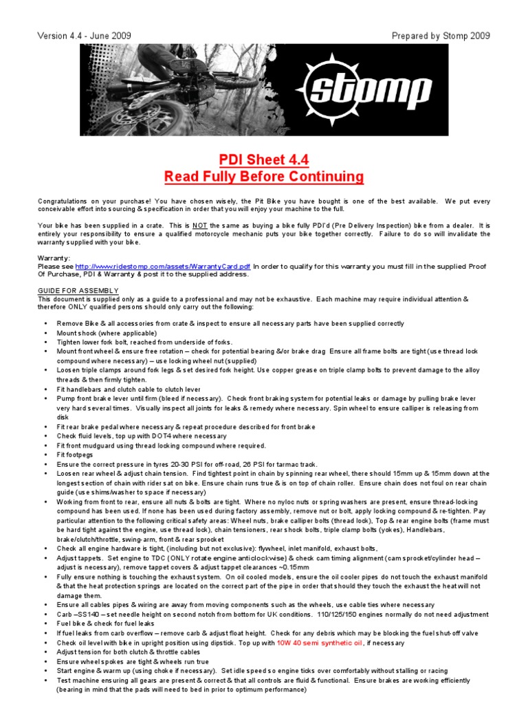 Stompracing PDI Sheet (Assembly & Running Check) | PDF | Carburetor ...