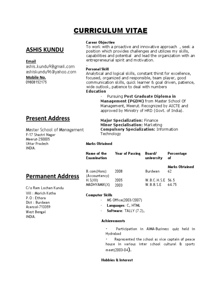 Ashis Kundu: Curriculum Vitae | PDF | Behavior Modification | Cognition