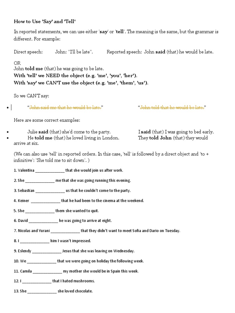 A Guide to Using 'Say' and 'Tell' in Reported Speech | PDF
