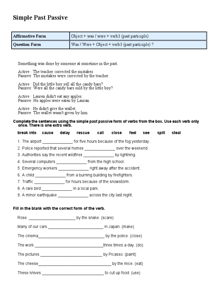 Simple Past Passive: Affirmative Form Question Form | PDF | Verb | Syntax