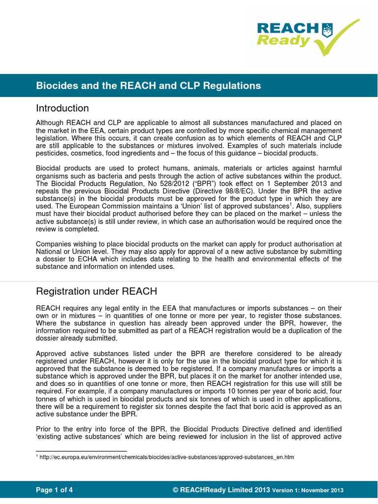 Biocides and The Reach and CLP Regulations: Page 1 of 4 © Reachready ...