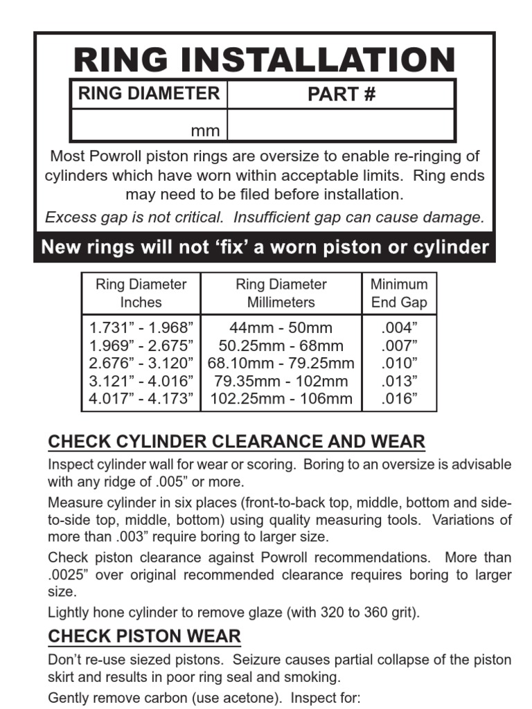 Piston Ring Installation and Clearance Guide | PDF | Cylinder (Engine ...