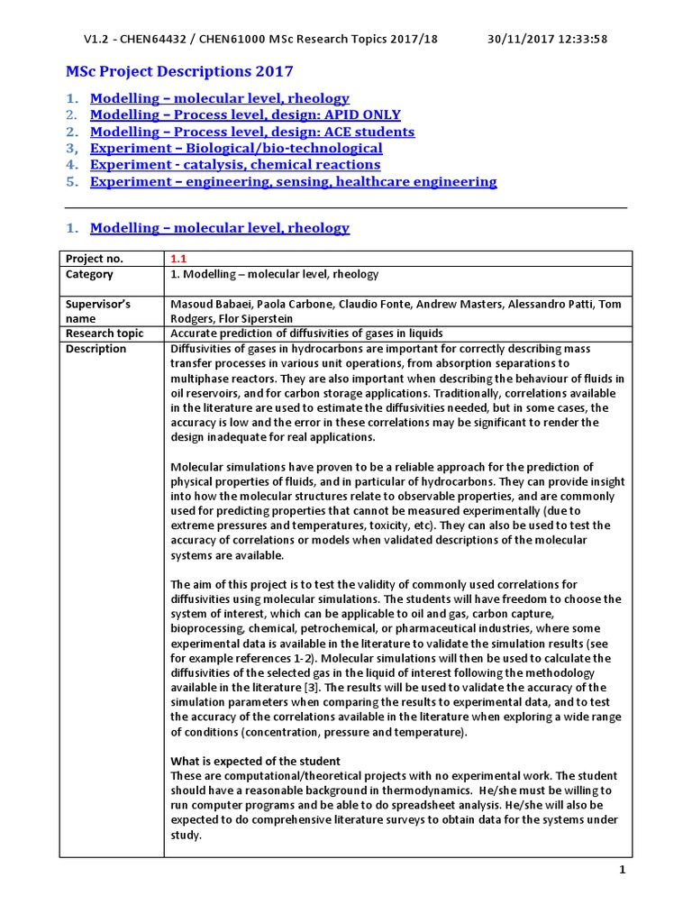 MSC Project Descriptions 2017 PDF | PDF | Mathematical Optimization | Distillation