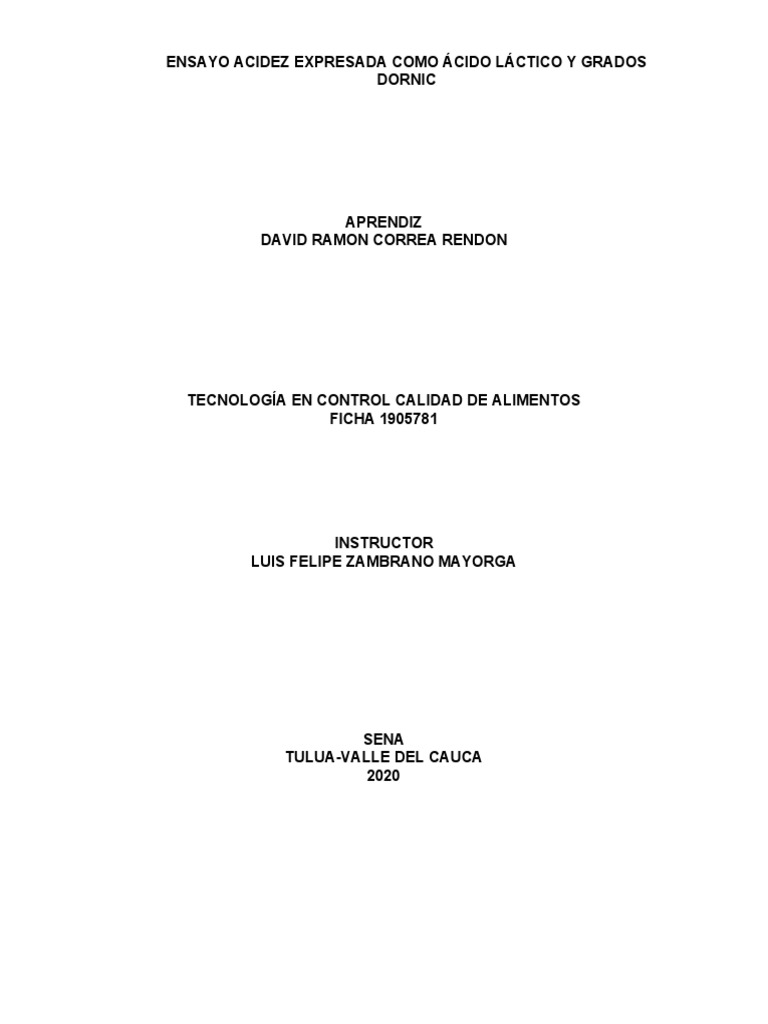 Ensayo Acidez Expresada Como Ácido Láctico y Grados Dornic #1 | PDF ...
