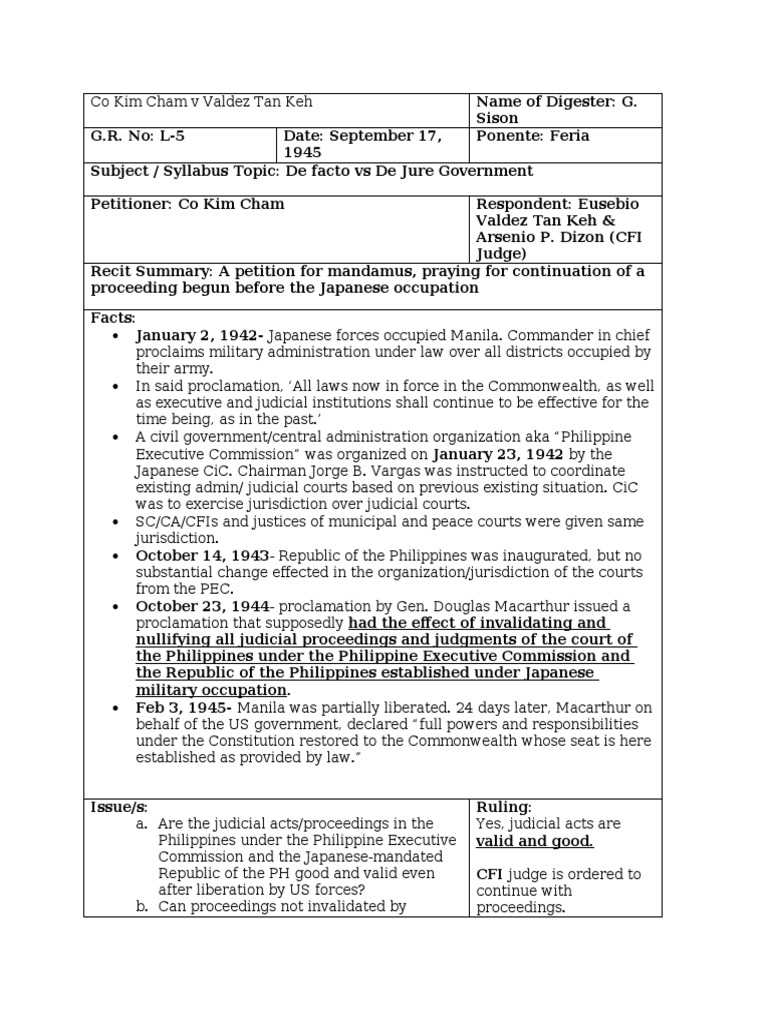 2 Co Kim Cham Vs Valdez Tan Kee | PDF | Military Occupation | Sovereign State