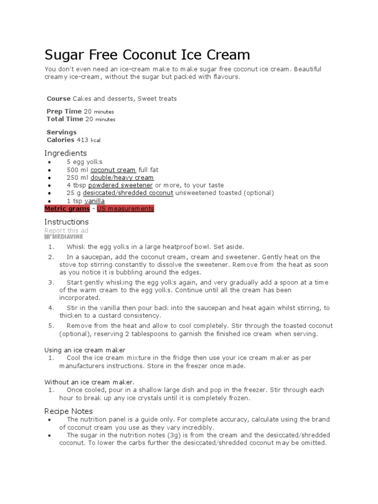 Sugar Free Coconut Ice Cream | PDF | Ice Cream | Coconut Milk