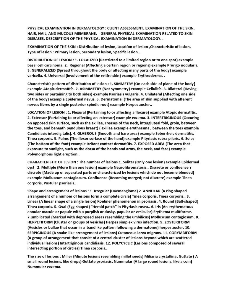 Dermatological Physical Exam Guide | PDF | Dermatitis | Skin