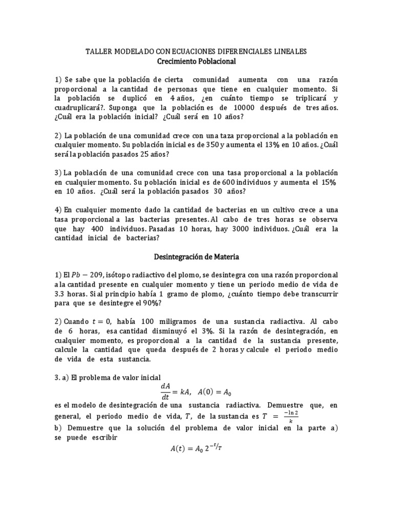 Taller Modelado Con Ecuaciones Diferenciales Lineal | PDF | sal | Temperatura