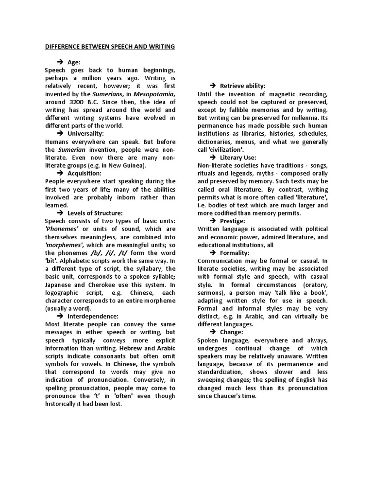 Difference Between Speech and Writing | PDF | Orthography | Writing