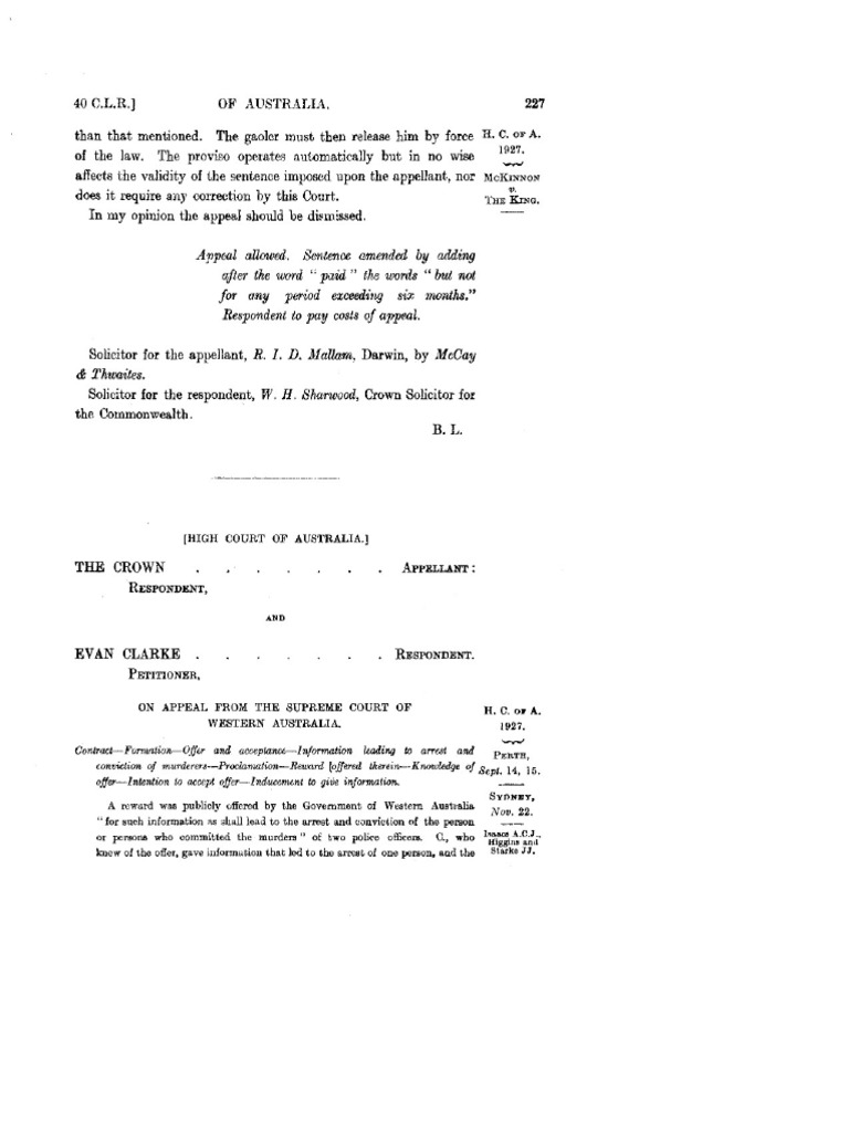 R v. Clarke (1927) 40 CLR 227 (Australia) - Contracts Case Presentation ...
