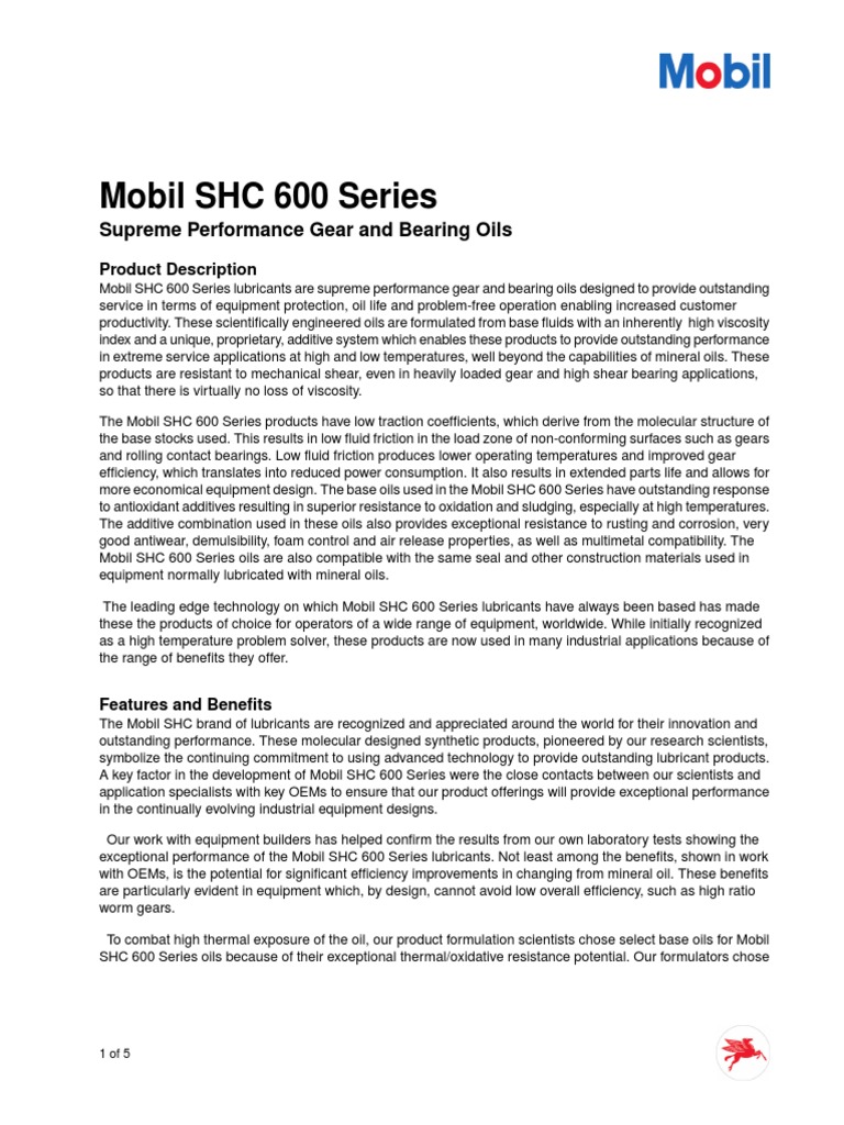 Mobil SHC 600 Series: Supreme Performance Gear and Bearing Oils | PDF ...
