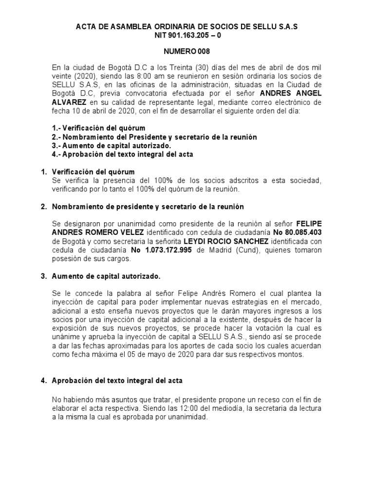 Acta 008 de AUMENTO DE CAPITAL | PDF | Bogotá | Gobierno