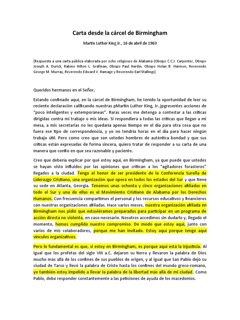 Carta Desde La Cárcel De Birmingham Martin Luther King Pdf