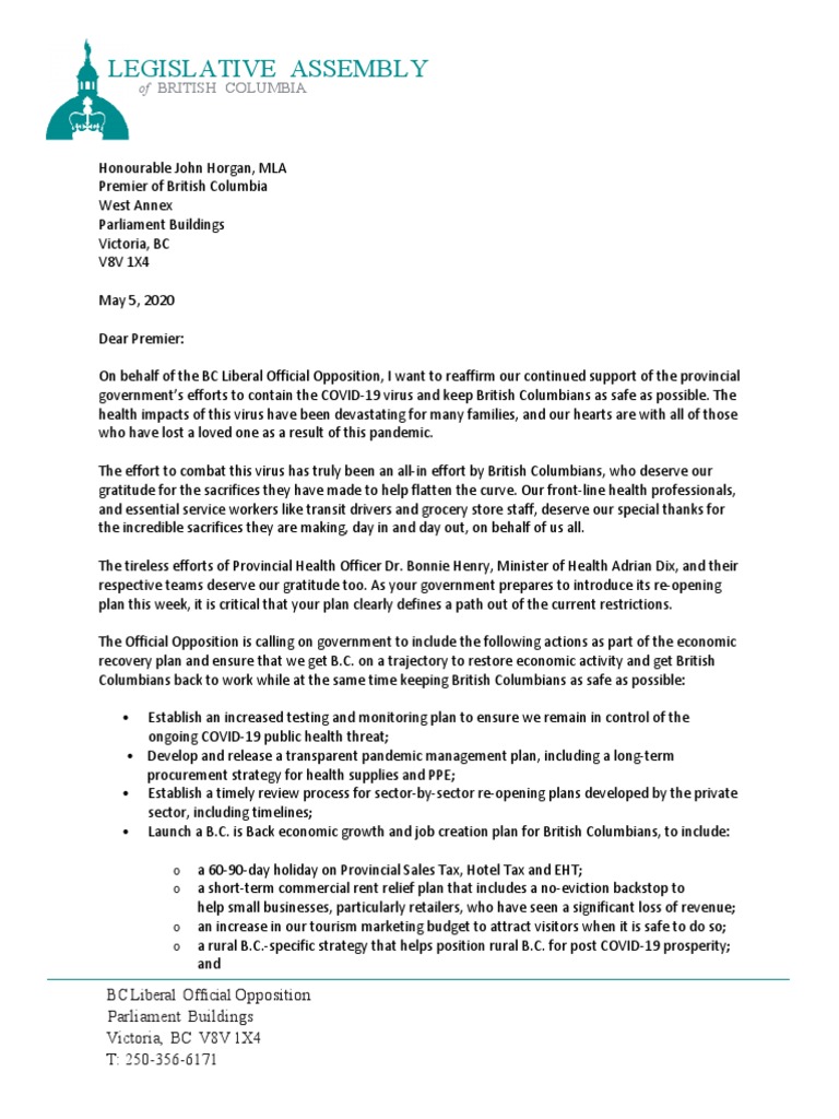 Letter To Premier Horgan | PDF | British Columbia | Economies