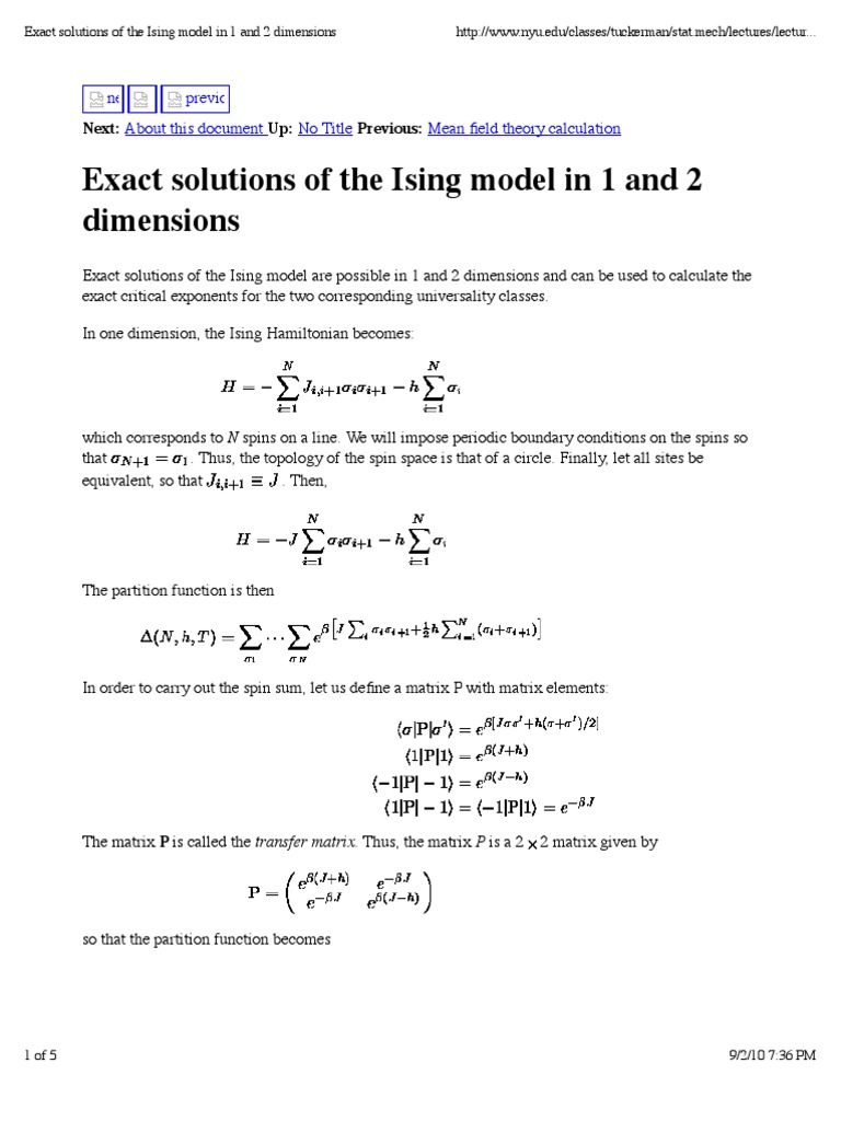 Exact Solutions of The Ising Model in 1 and 2 Dimensions PDF | PDF ...