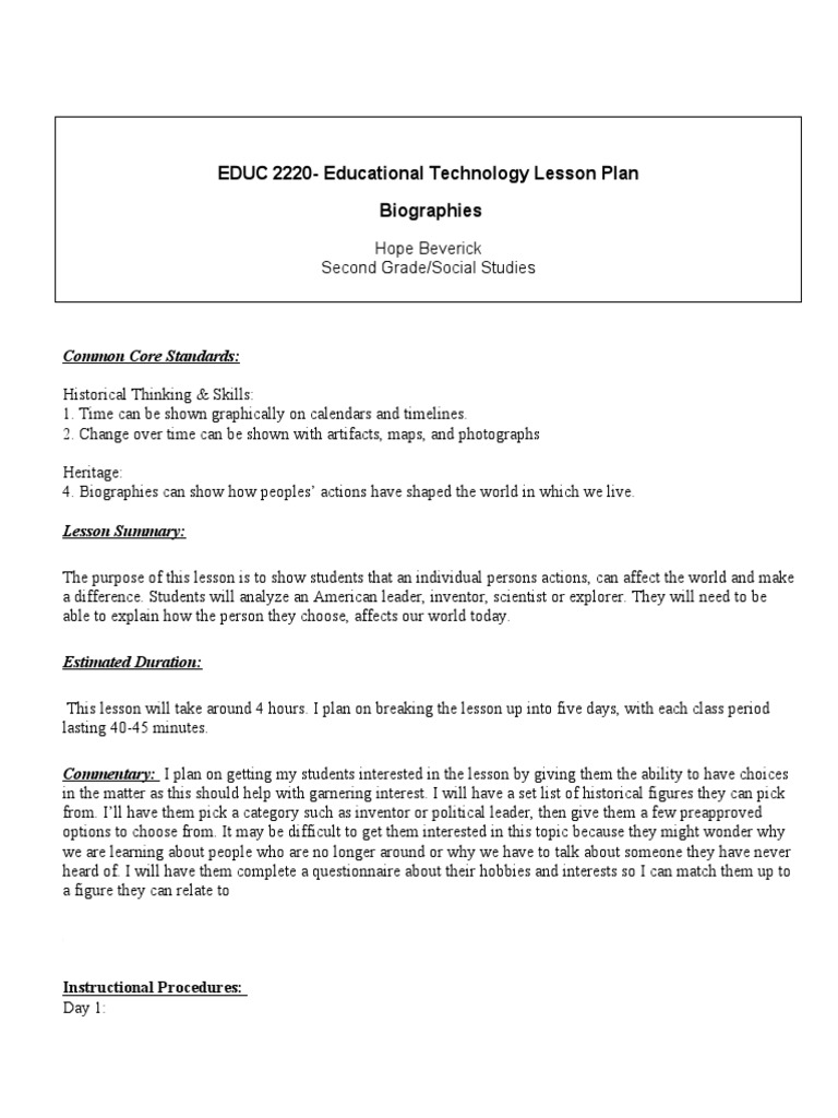 EDUC 2220-Educational Technology Lesson Plan Biographies: Common Core ...