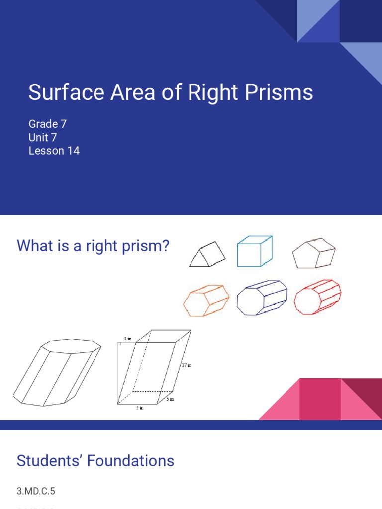 Surface Area of Right Prisms: Grade 7 Unit 7 Lesson 14 | PDF