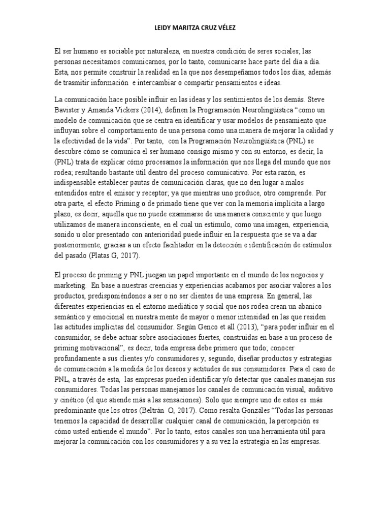 Ensayo Efecto Priming y PNL | PDF | Cebado (psicología) | Programación neurolingüistica