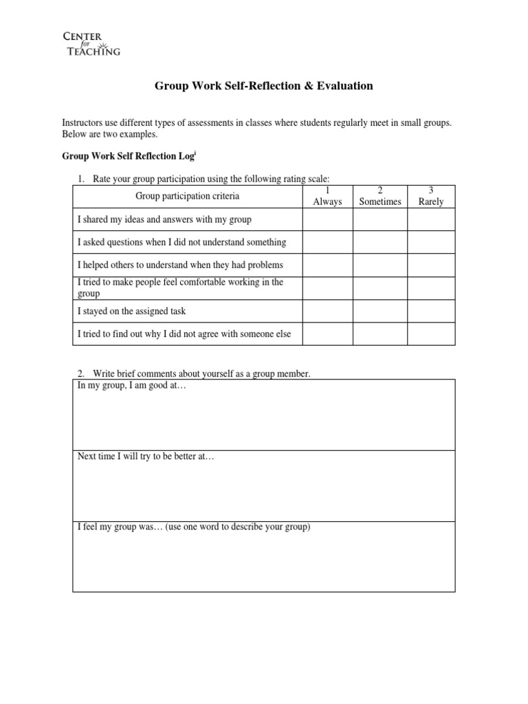 Group Work Self Reflection Log | PDF