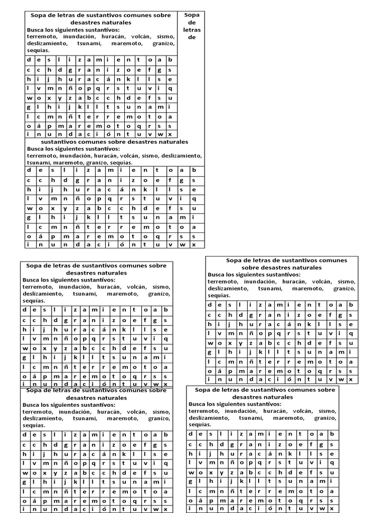 Sopa de Letras de Sustantivos Comunes Sobre Desastres Naturales | PDF ...