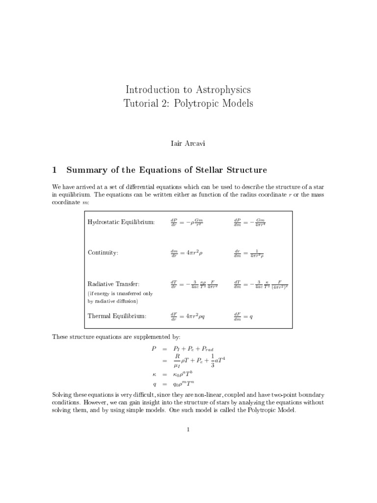 Introduction To Astrophysics Tutorial 2: Polytropic Models: 1 Summary ...