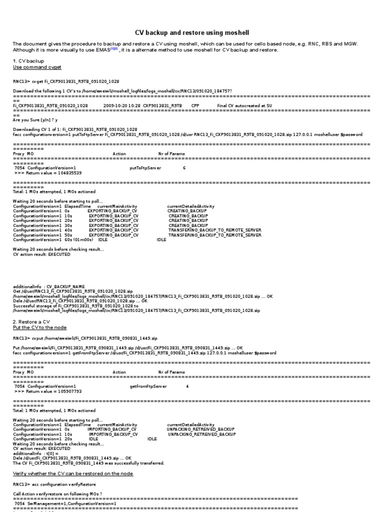 CV Backup and Restore Using Moshell PDF | PDF | Information Retrieval | Data