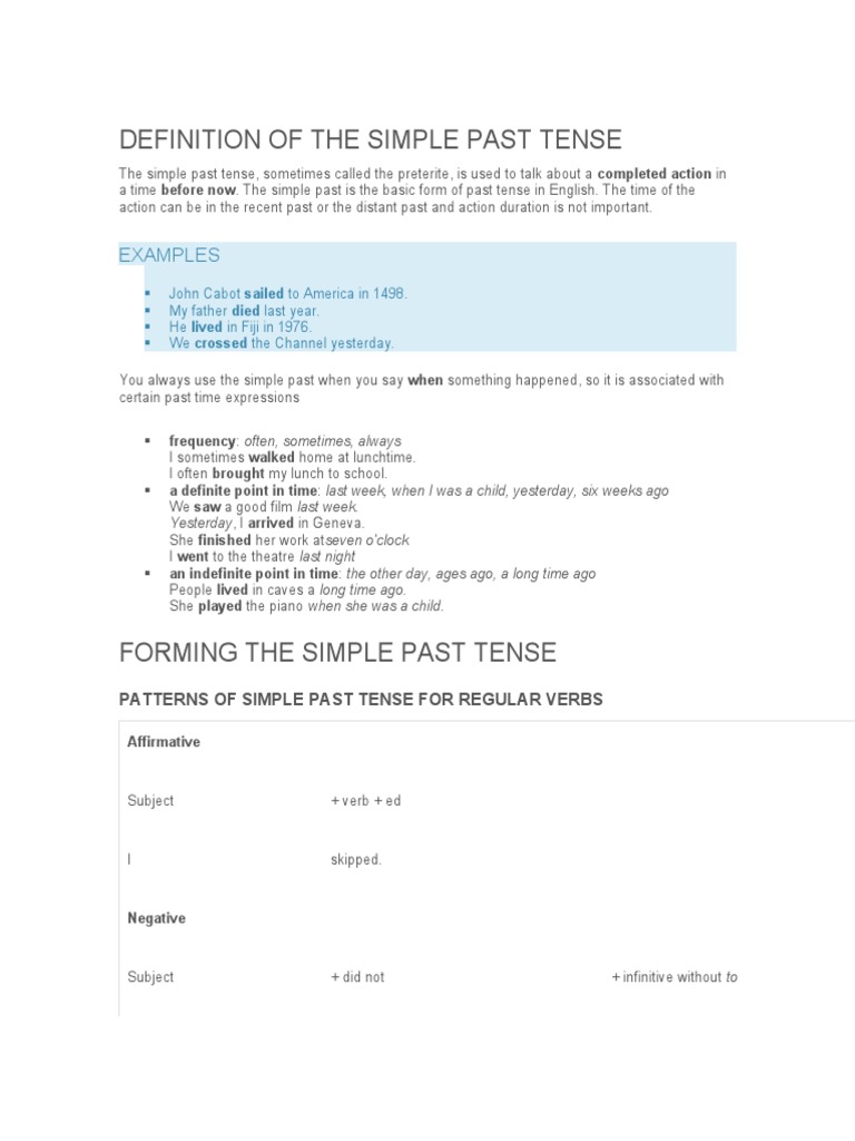 Definition of The Simple Past Tense | PDF | Grammatical Tense ...