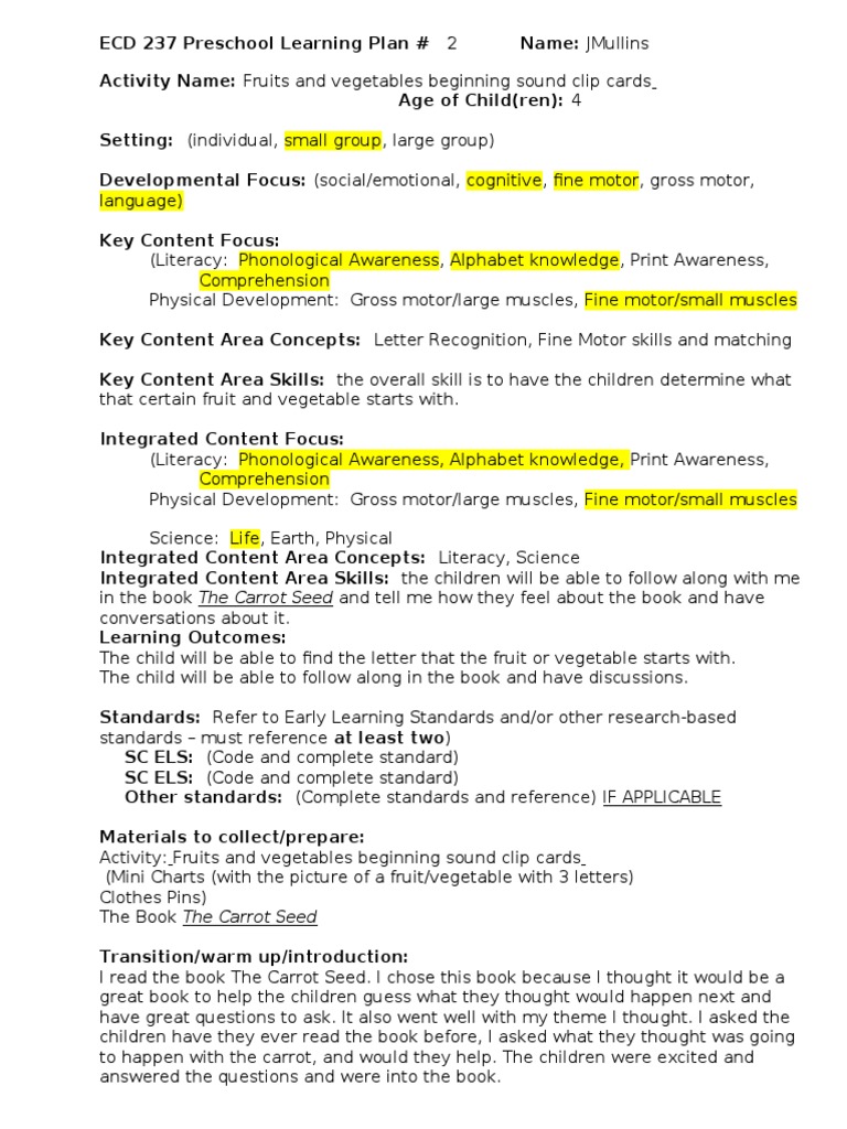 Ecd 237 - Ecd Preschool Learning Plan 2 | PDF | Carrot | Preschool