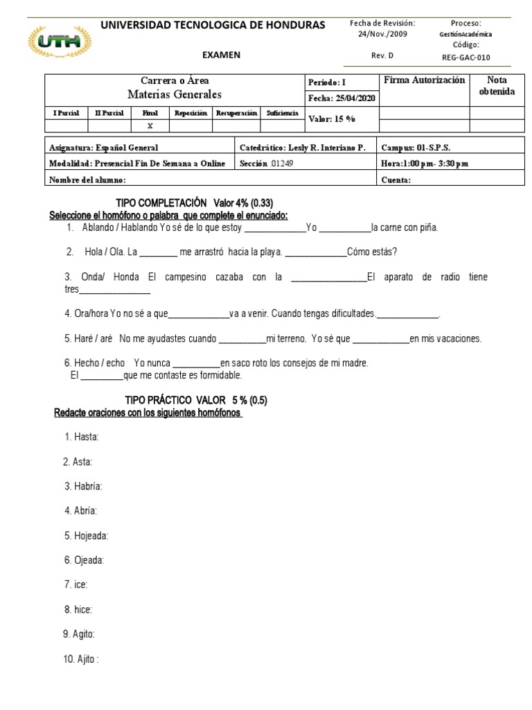 Examen Final Español General 25 Abril 2020 | PDF