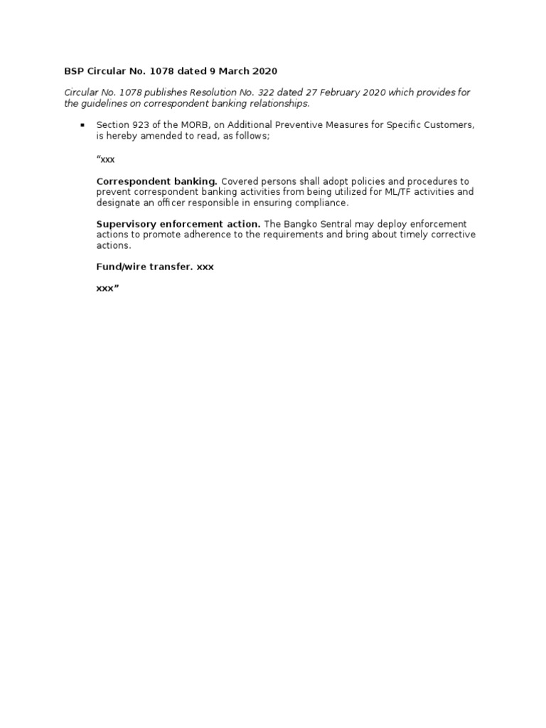 BSP Circular No 1078 | PDF | Finance & Money Management