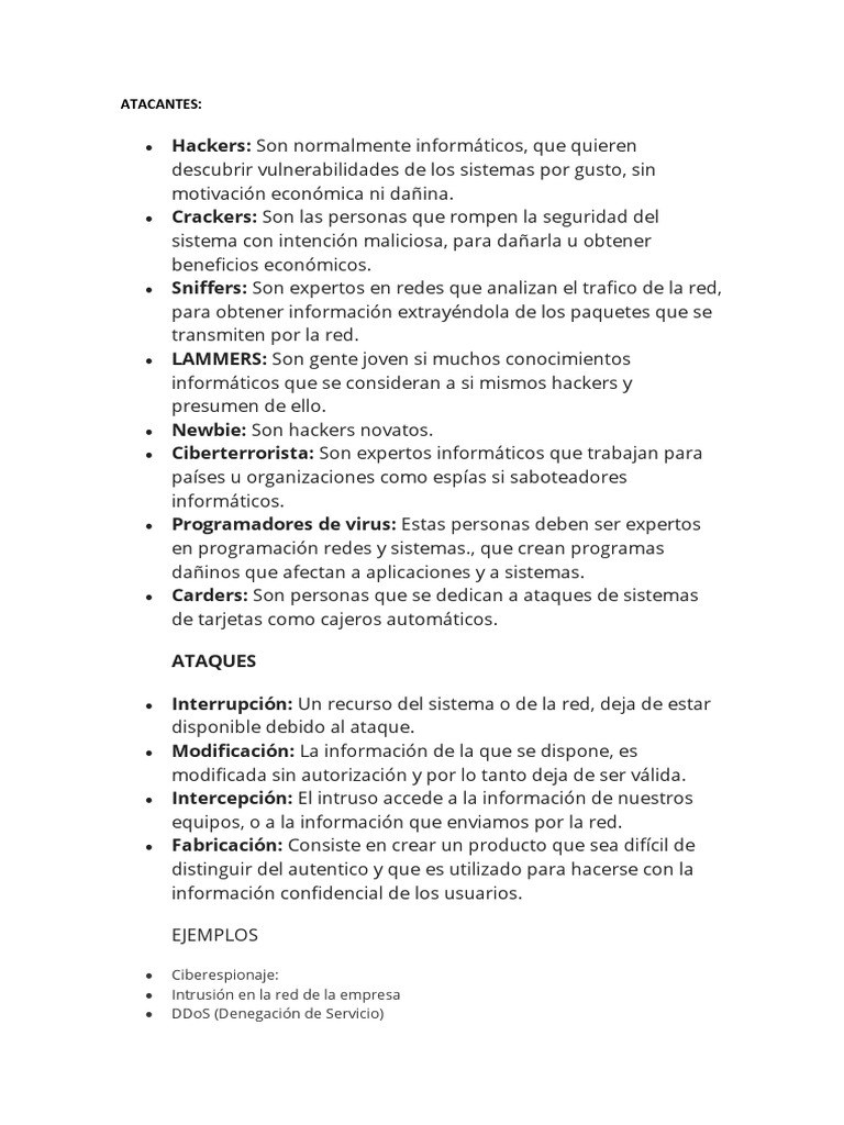 Tipos de Ataques y Atacantes | PDF
