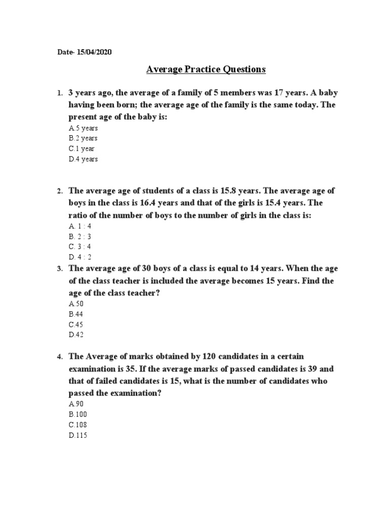 Average Practice Questions: Date-15/04/2020 | PDF | Teaching Mathematics