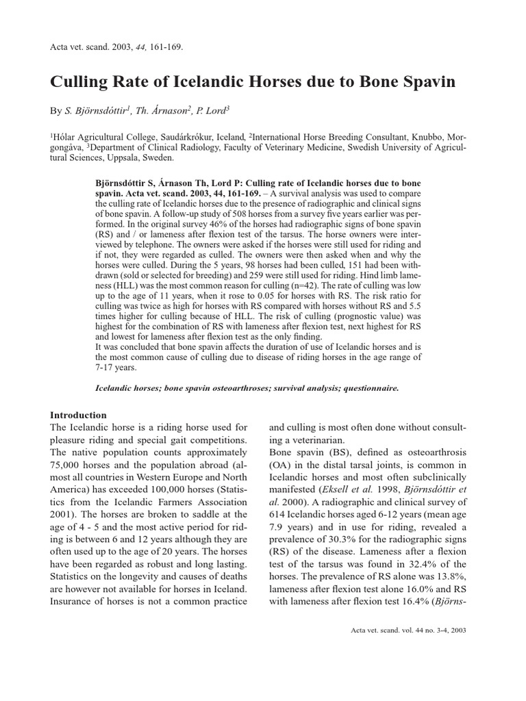 Culling Rate of Icelandic Horses Due To Bone Spavin | PDF | Equus | Horses