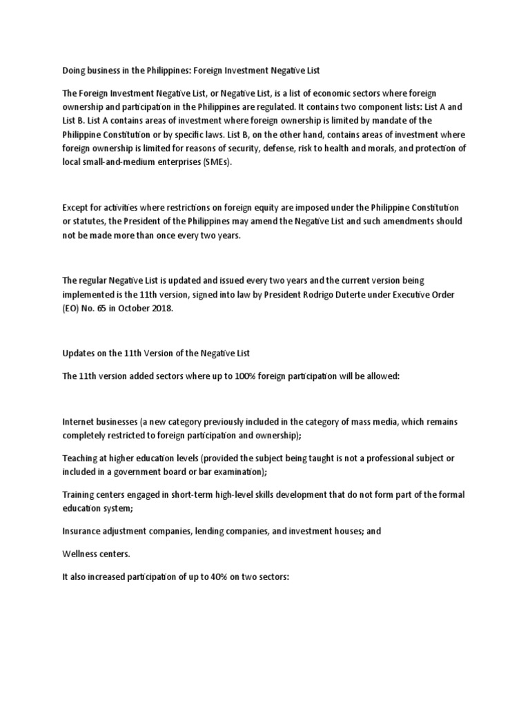 Negative List Foreign Investment Act | PDF | Gunpowder | Foreign Direct ...