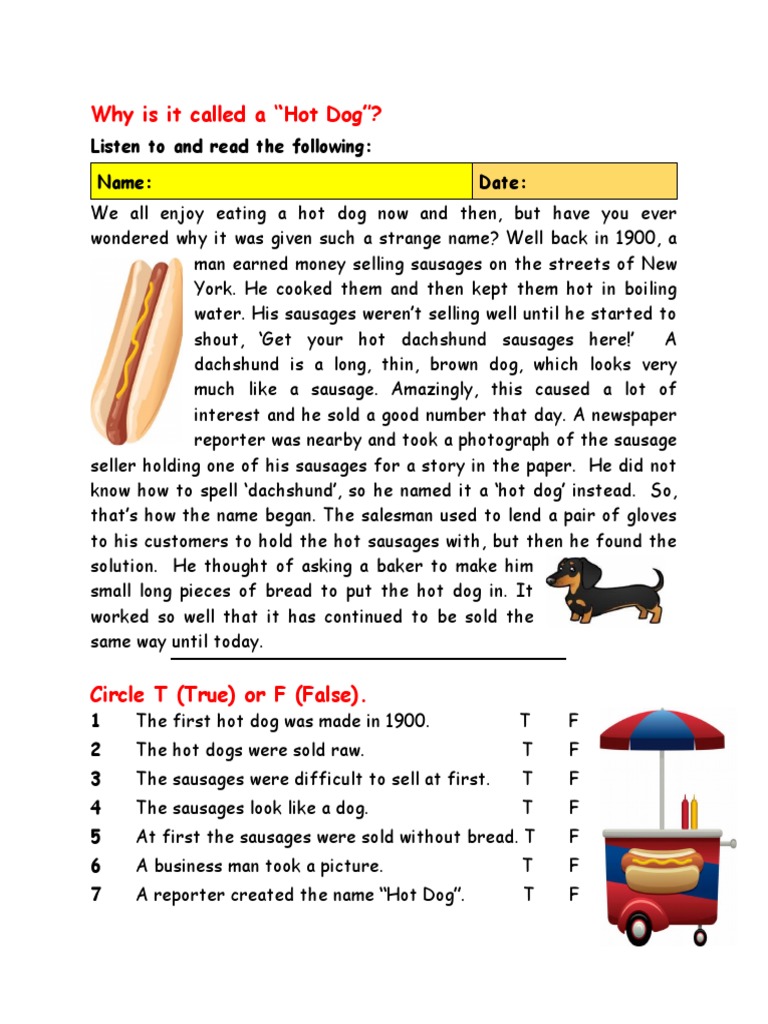 Why Is It Called A "Hot Dog"?: Listen To and Read The Following: Name ...