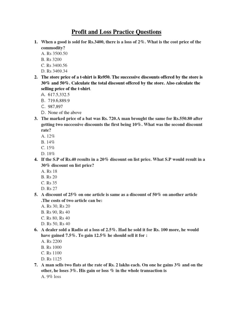 Profit and Loss Practice Questions | PDF | Percentage | Prices